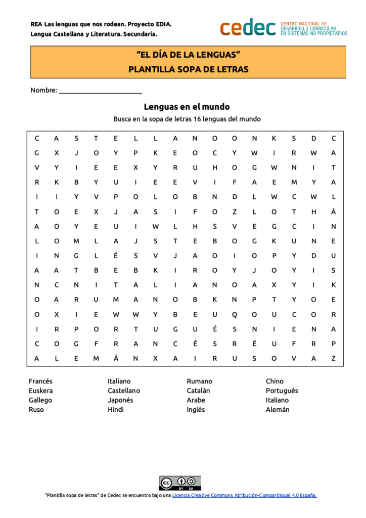 cedec-Plantilla sopa letras – Las lenguas que nos rodean | Cedec